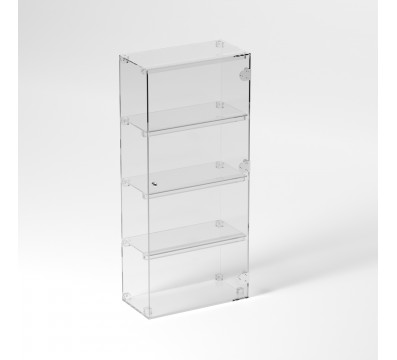 Large transparent plexiglass display case with 4 shelves